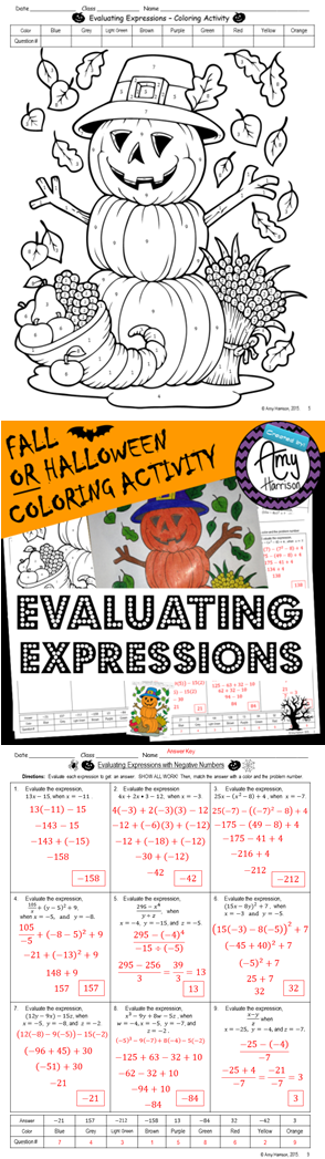 My Math Resources - EvaluatingExpressionsFallHalloweenPin