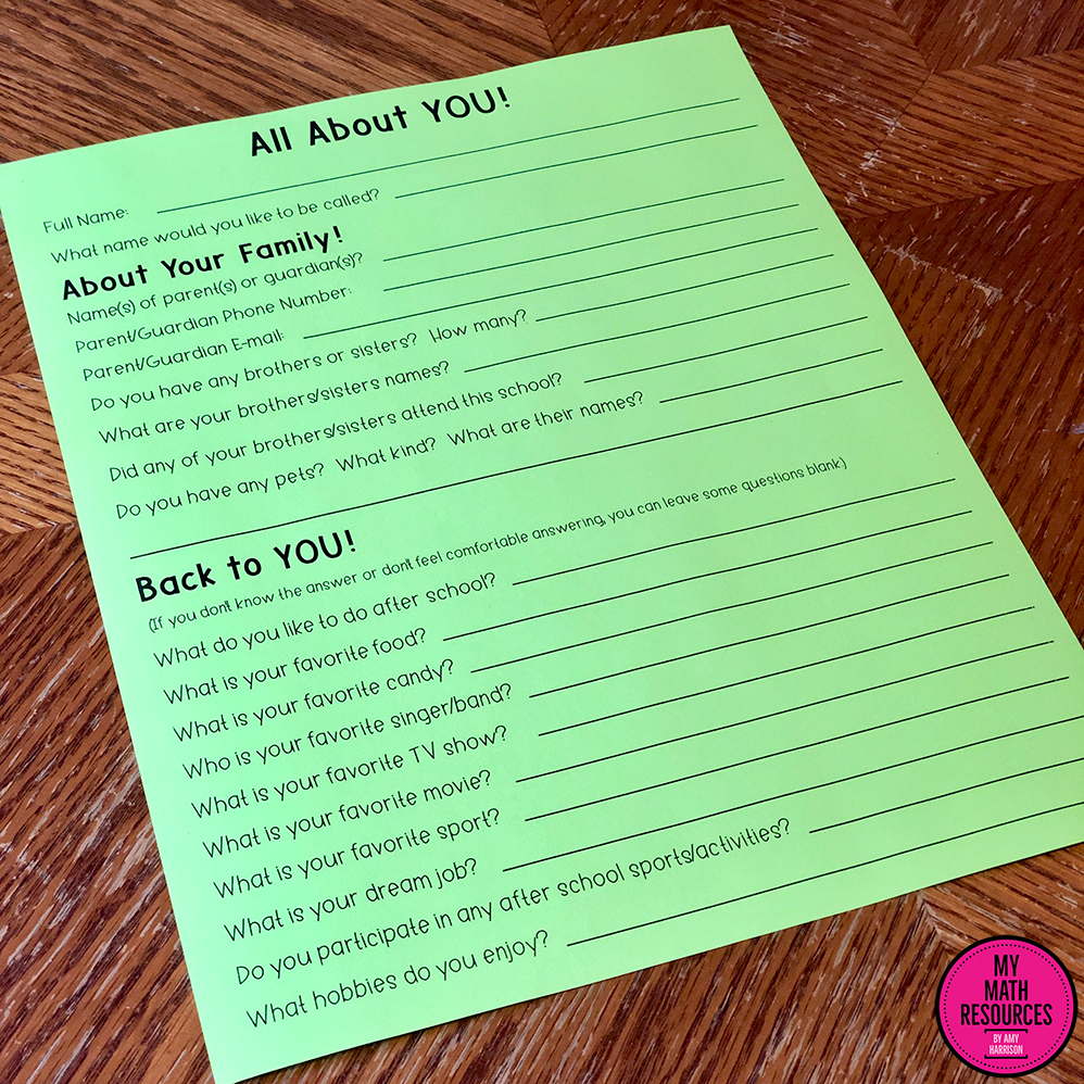 My Math Resources - All About You – Questionnaire for First Day of School
