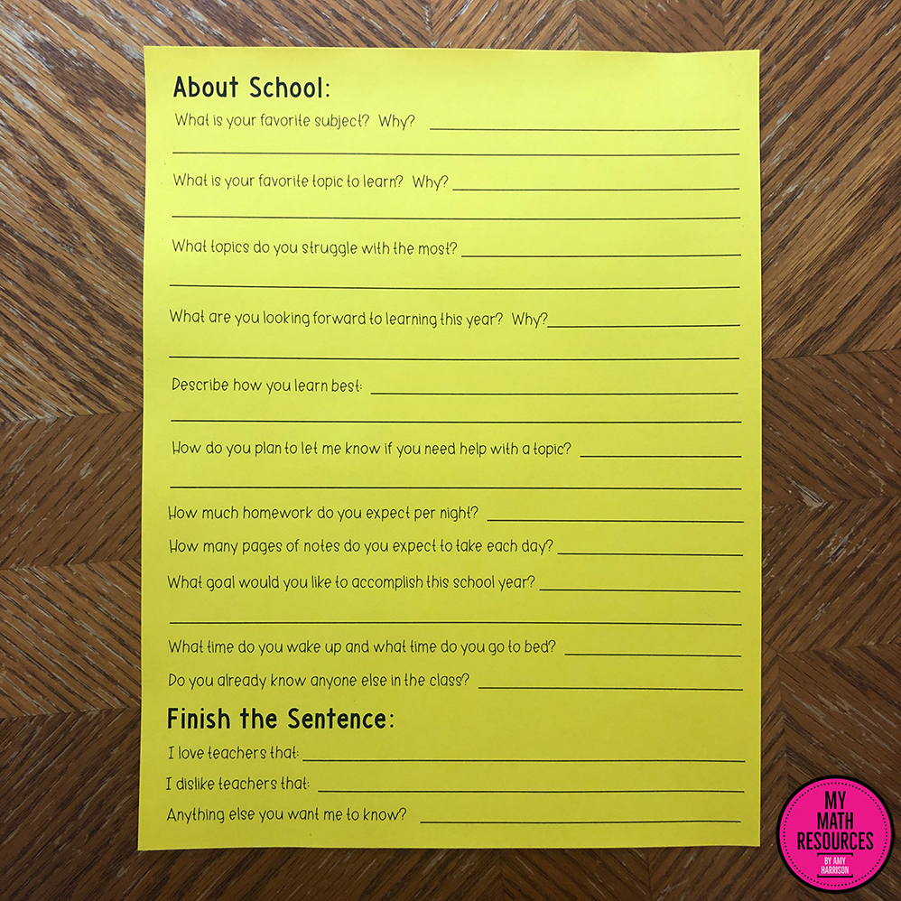 My Math Resources - All About You – Questionnaire for First Day of School
