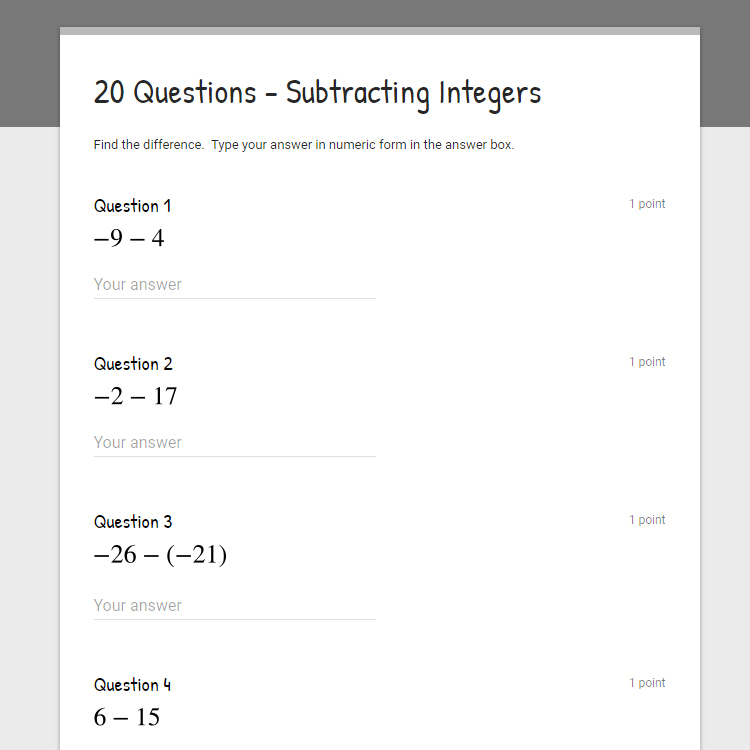 My Math Resources - FREE Beginners Subtracting Integers Worksheets ...