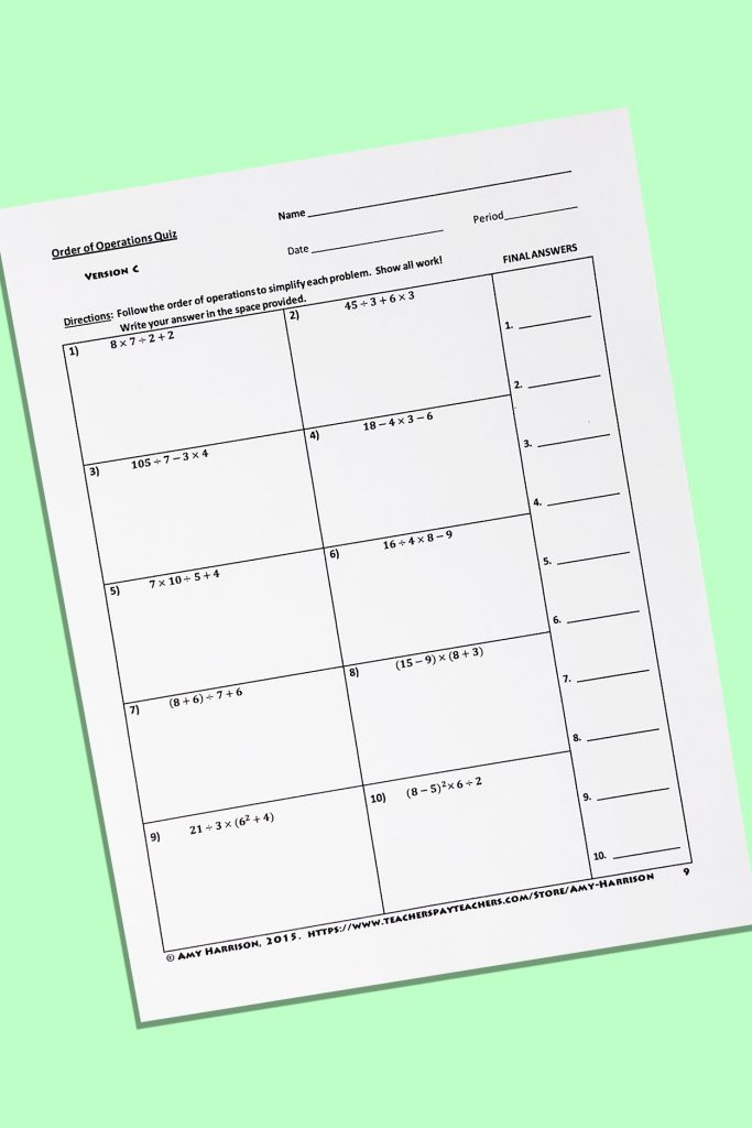 My Math Resources - Order of Operations Quiz (3 Versions)