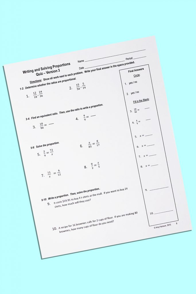 My Math Resources - Writing and Solving Proportions Quiz