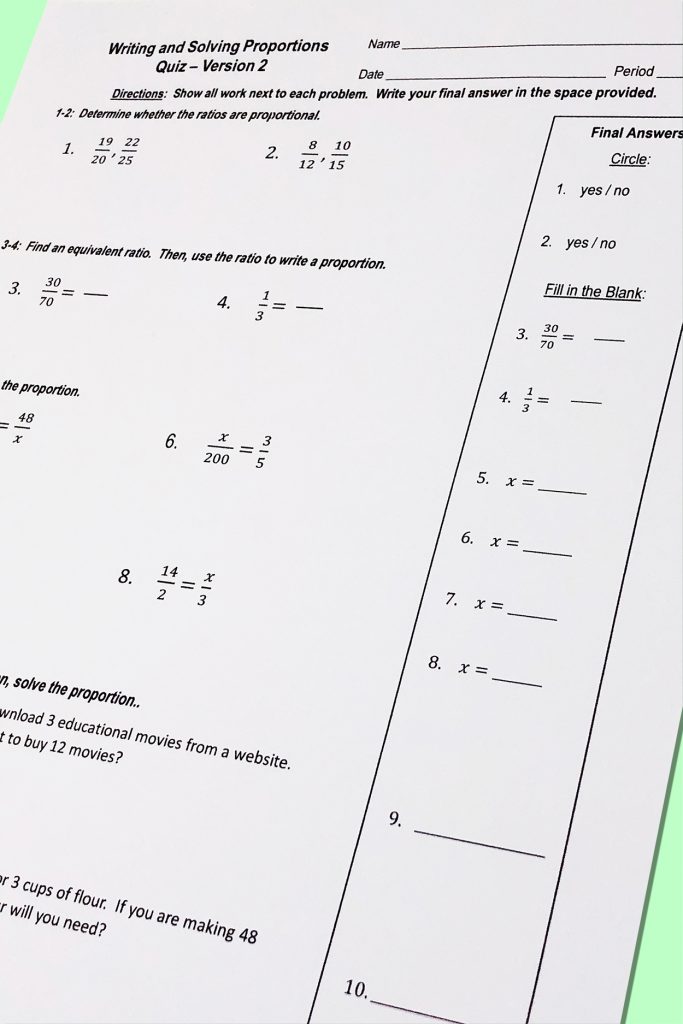 My Math Resources - Writing and Solving Proportions Quiz